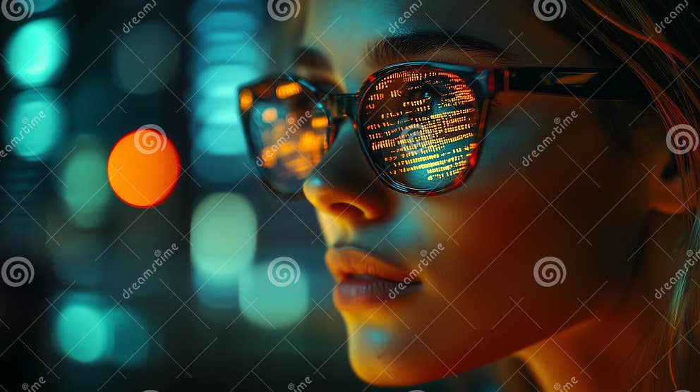 Close-up of Woman with Coding Reflection in Glasses Symbolizing ...