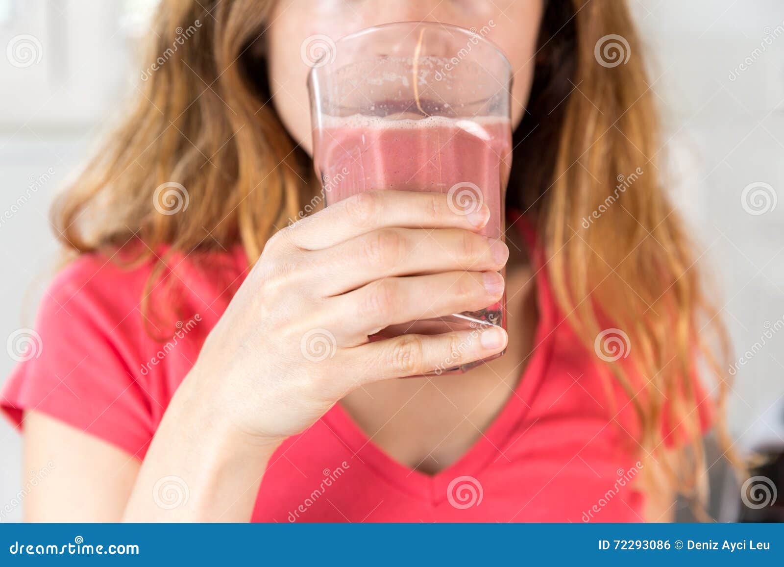 Close Up of Woman Drinking Pink Smoothie Stock Photo - Image of home ...