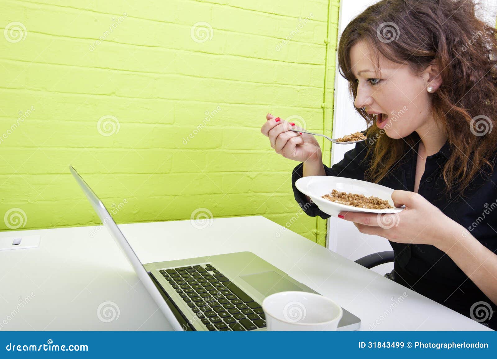 Close Up of Woman Eating at Her Desk Stock Image - Image of people ...
