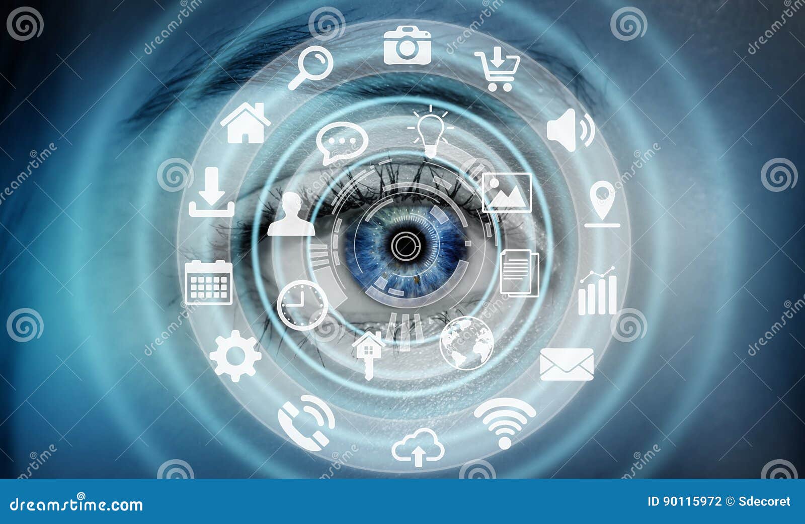 Close-up of Woman Eye Using Multimedia Network 3D Rendering Stock ...