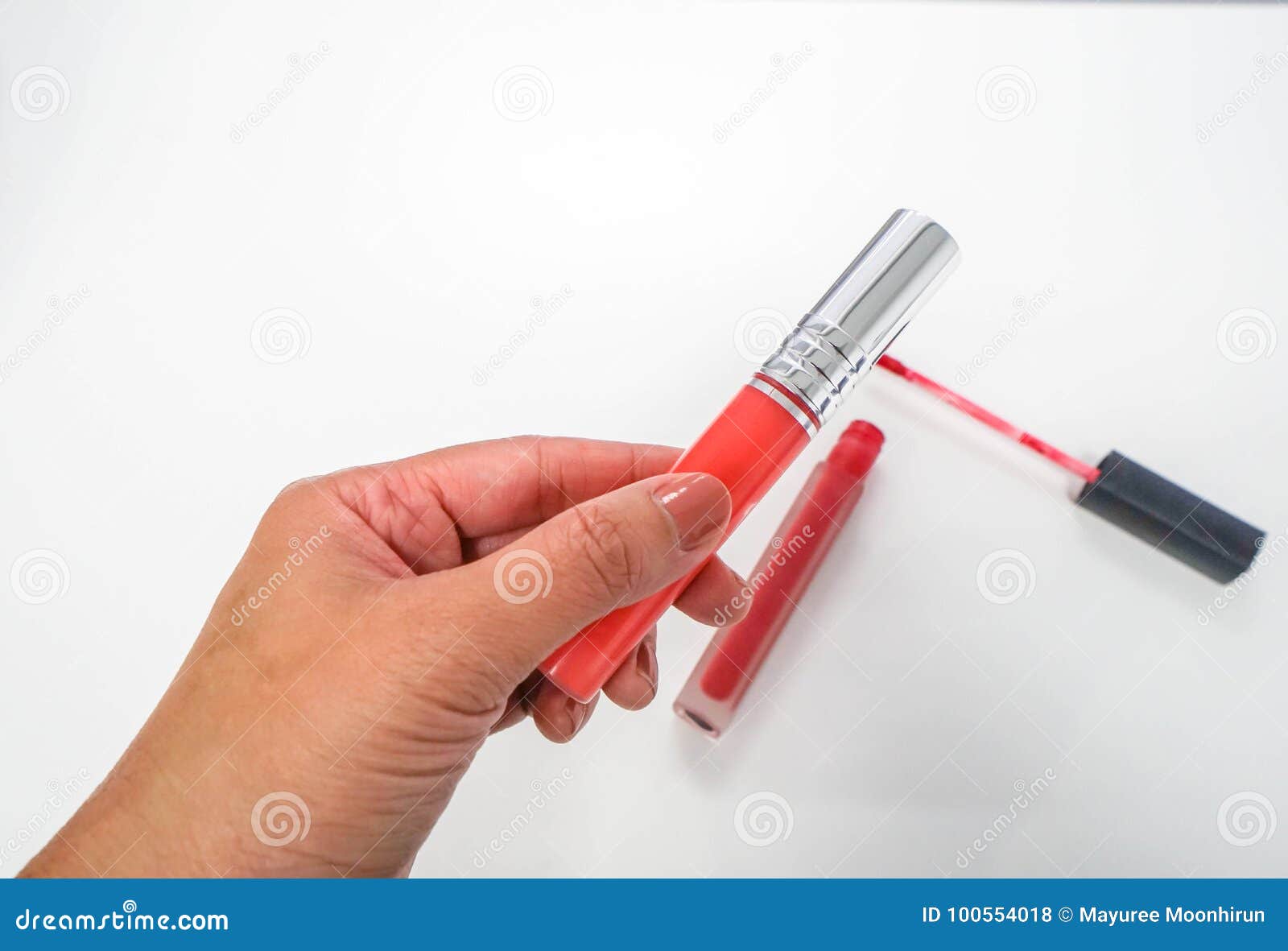 Close Up Woman Hold Red Lip Gloss for Make Up Stock Photo - Image of ...