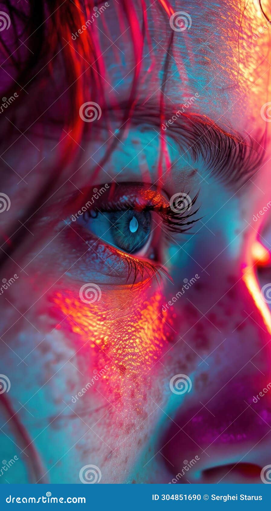 A Close Up Of A Woman S Face With Red And Blue Lights Ai Stock