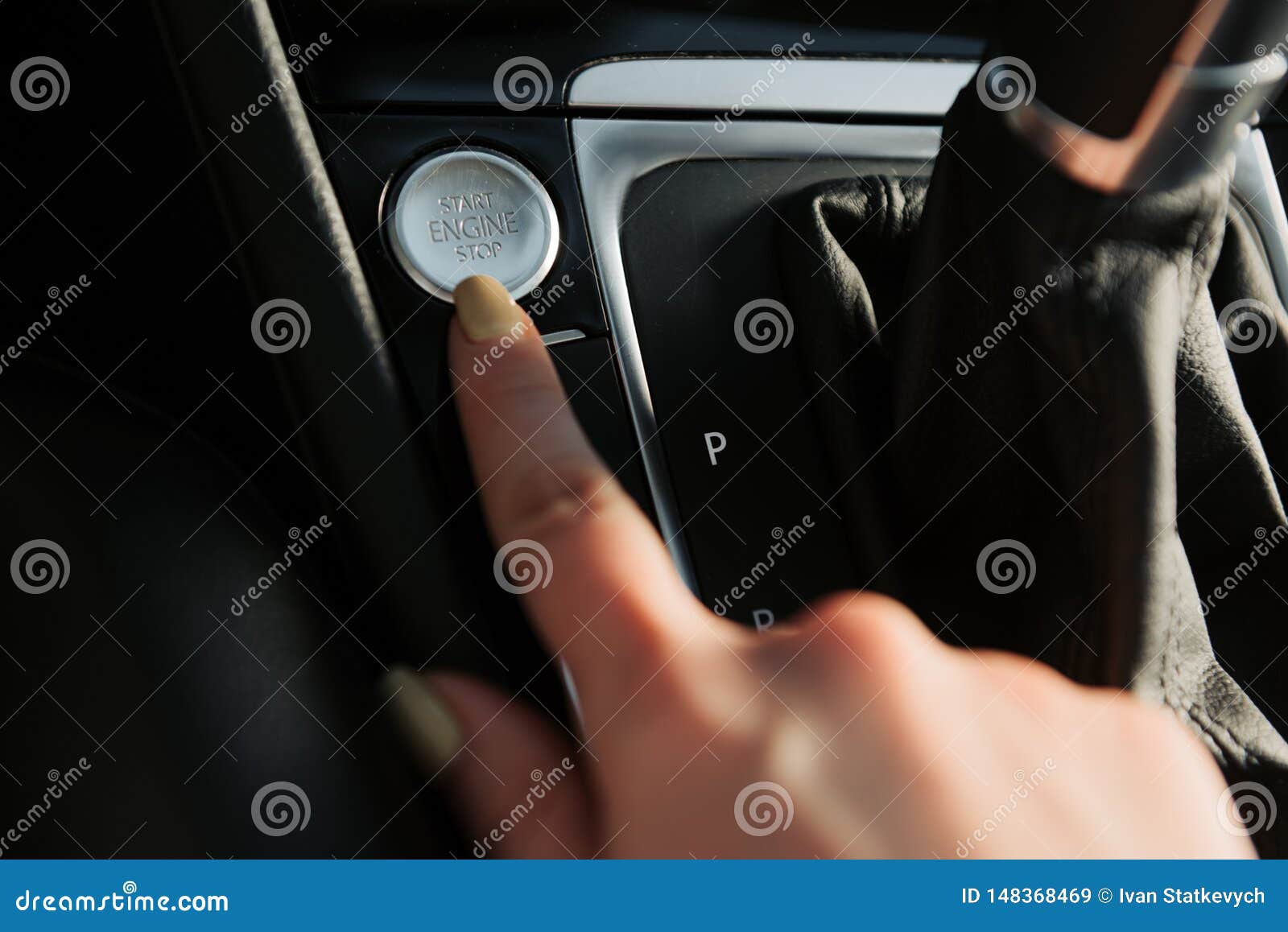 Close Up of Woman`s Finger Pressing the Start/stop Engine Button on Car ...