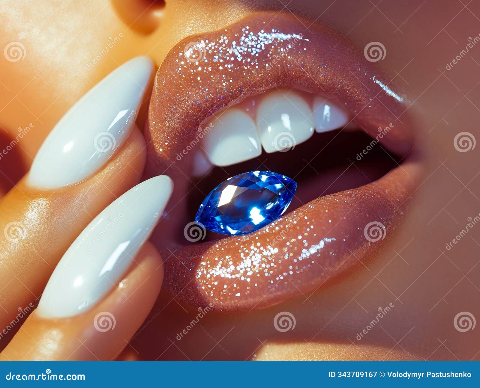A Close Up of a Woman S Mouth with a Blue Diamond in Her Mouth Stock ...