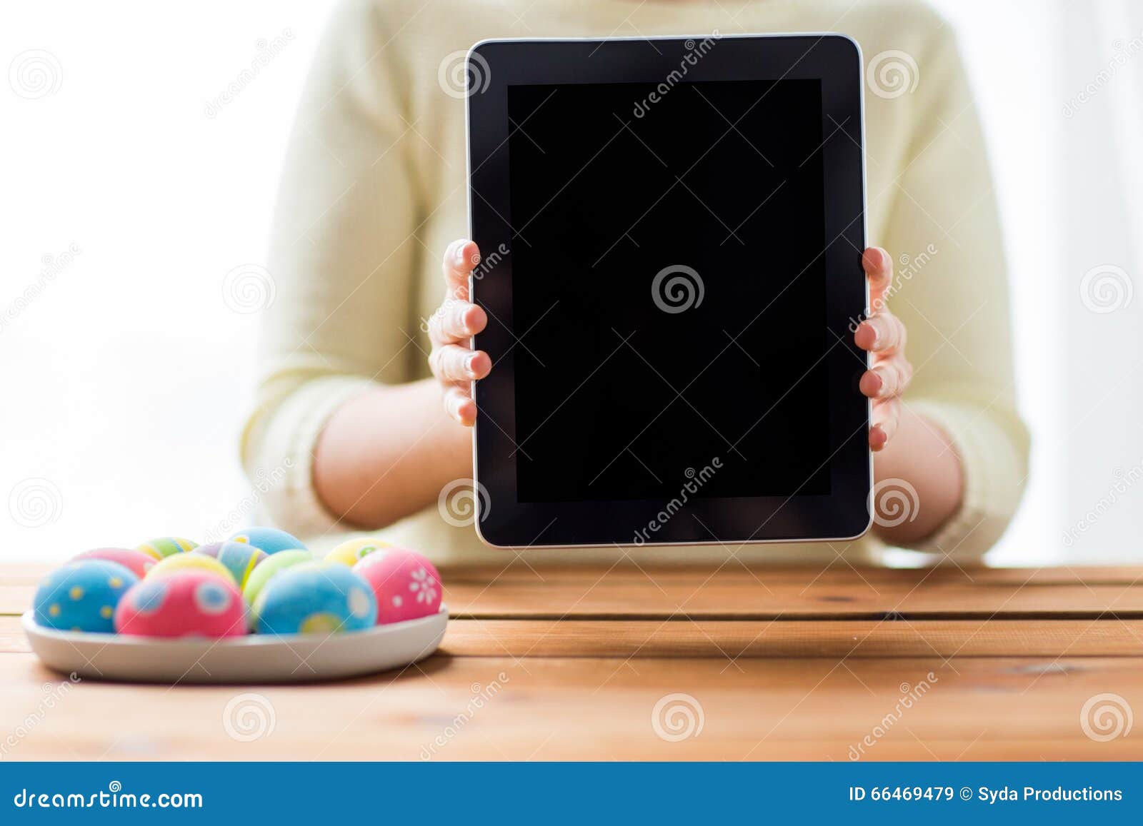 Close Up of Woman with Tablet Pc and Easter Eggs Stock Image - Image of ...