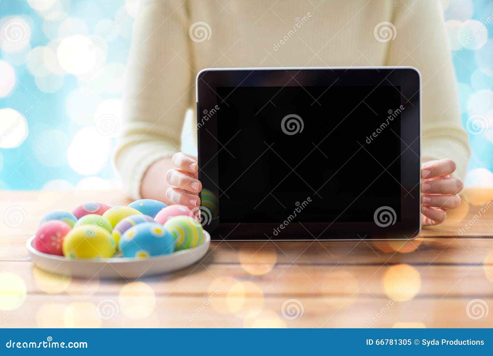 Close Up of Woman with Tablet Pc and Easter Eggs Stock Image - Image of ...