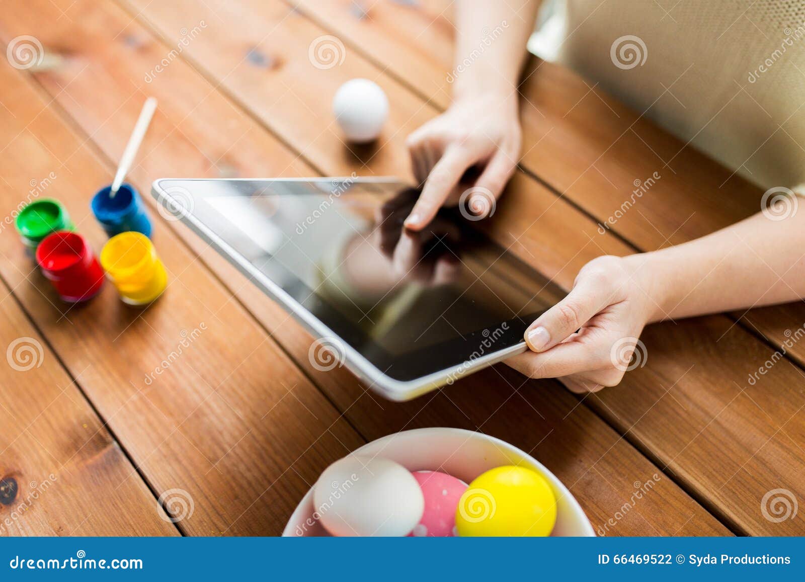 Close Up of Woman with Tablet Pc and Easter Eggs Stock Photo - Image of ...