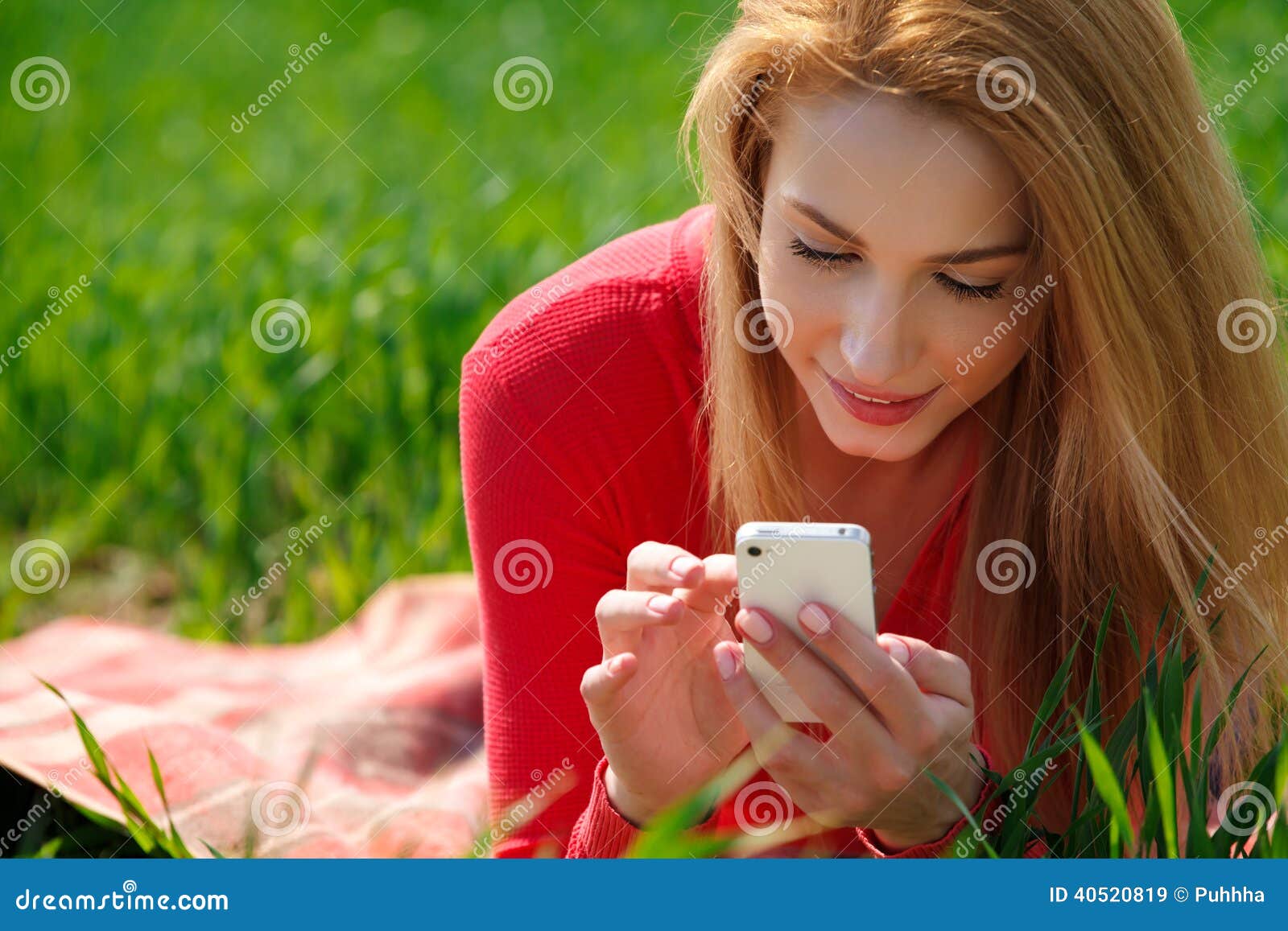Close Up of Woman Using Mobile Smart Phone in the Park. Stock Image ...