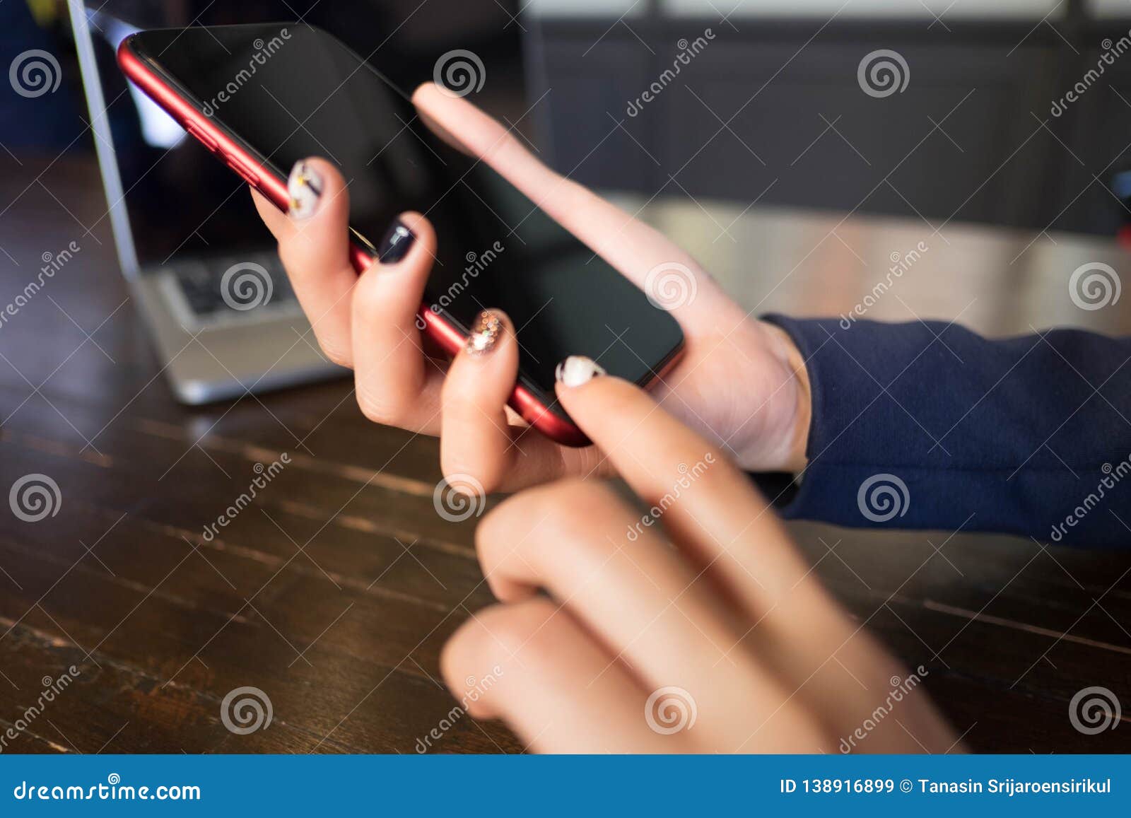 Close Up of a Woman Using Mobile Smart Phone on the Table Editorial ...