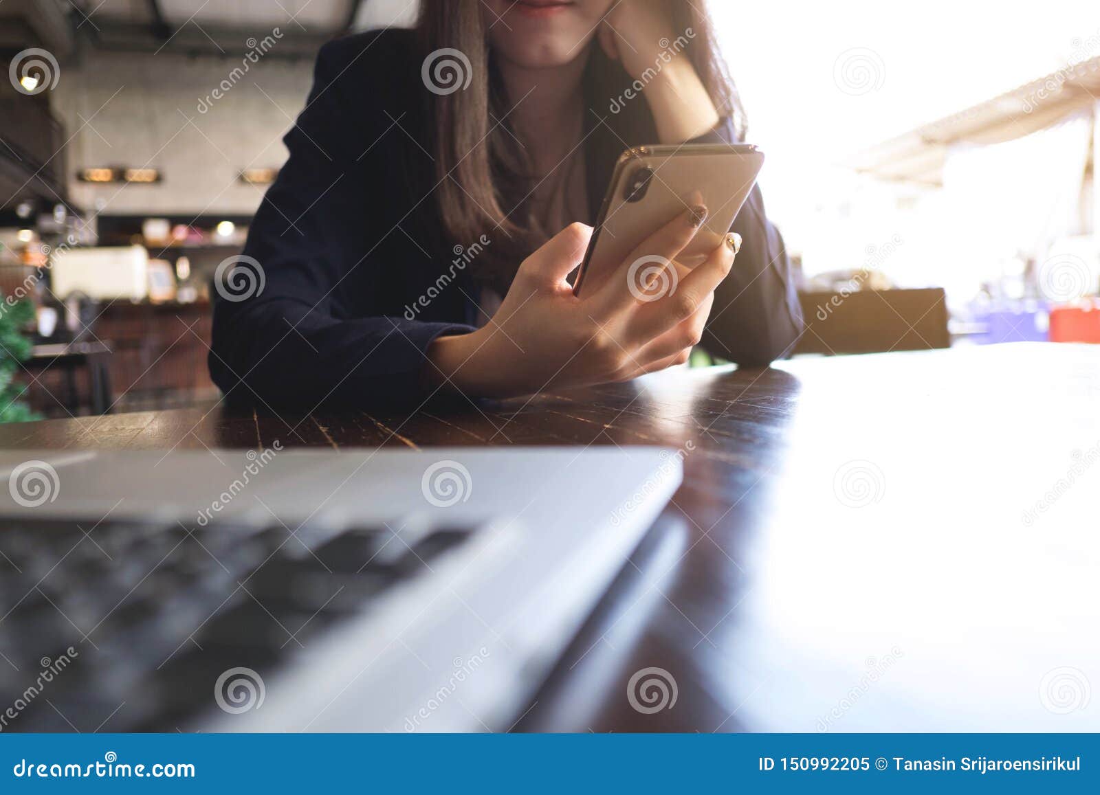 Close Up of a Woman Using Mobile Smart Phone on the Table Editorial ...