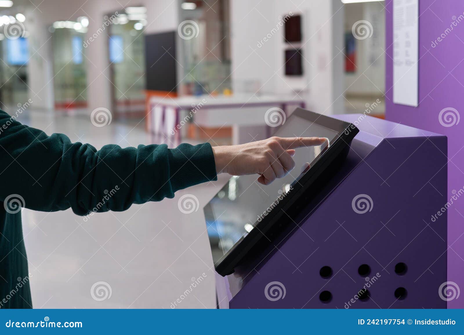 Close-up of a Woman Using a Touch Screen Information Booth. Stock Photo ...
