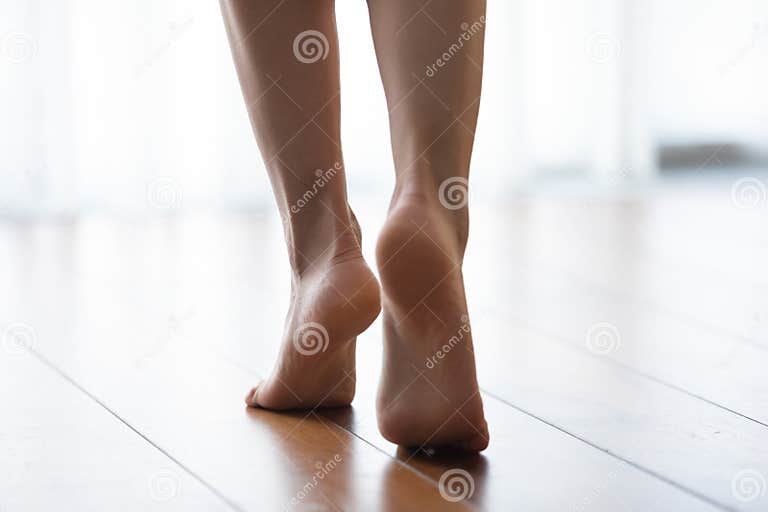 Close Up Of Woman Walk Barefoot On Wooden Floor Stock Image Image Of