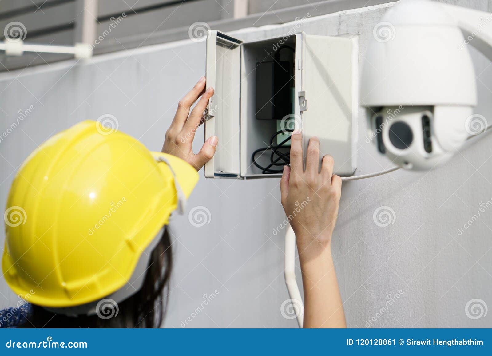 Close Up of Women Technician Fixing CCTV Camera on Wall Stock Image ...