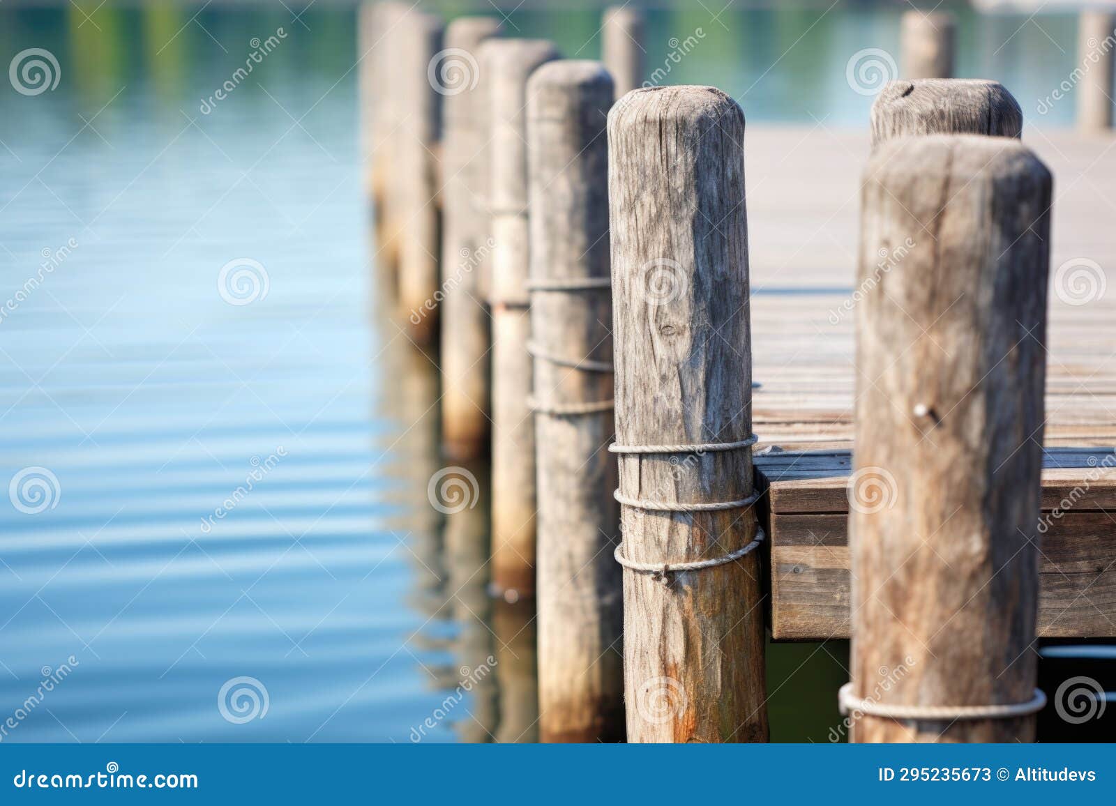 Close-up of Wooden Textures of Dock Posts Against Lake Backdrop Stock Image - Image of tranquil ...