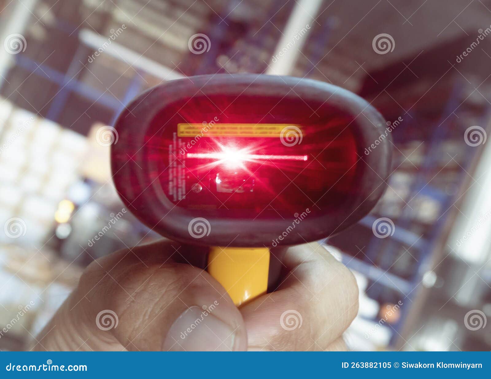Close Up Worker Hand Holding Barcode Scanner with Scanning Red Laser ...