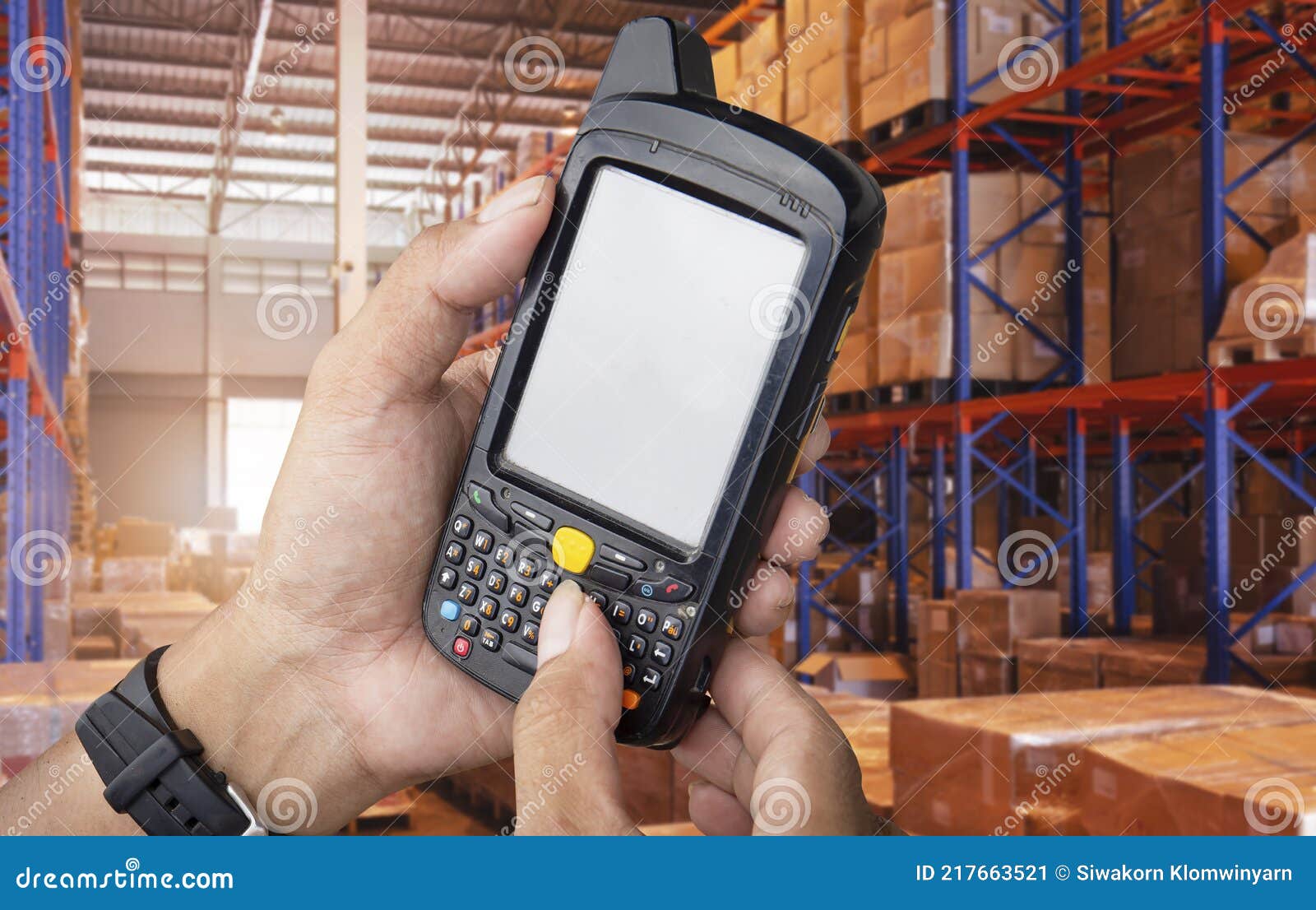 Close-Up, Worker Holding Barcode Scanner with Blank Screen His Checking ...