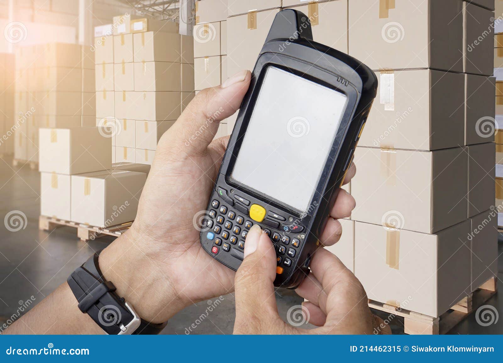 Close-up, Worker Holding Barcode Scanner His Checking Shipment Boxes ...