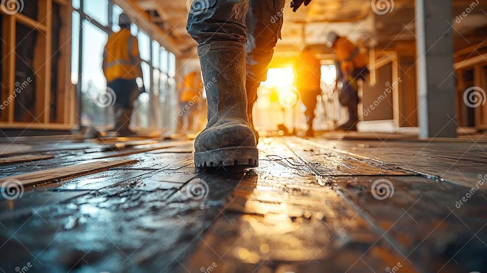 Close Up of Workers Boots on Construction Site Teamwork Progress and ...