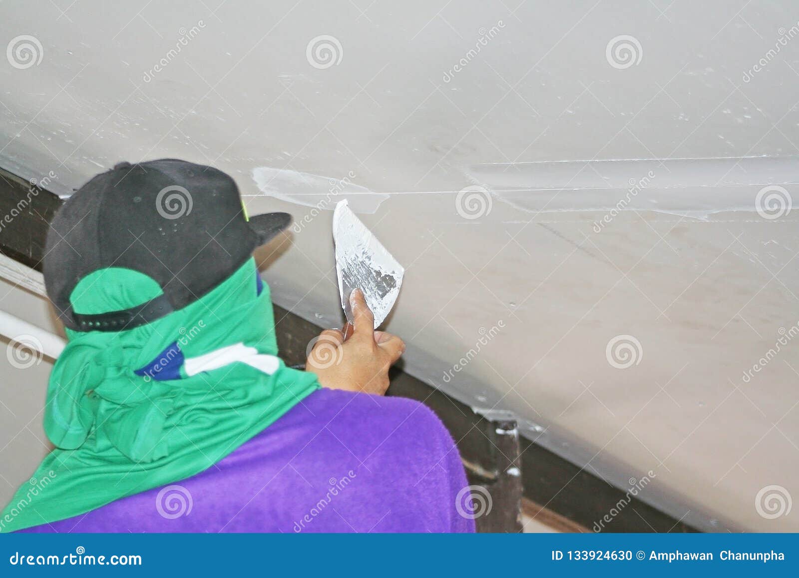 Worker Using Plaster Gypsum on Putty Knife at Ceiling Stock Photo ...