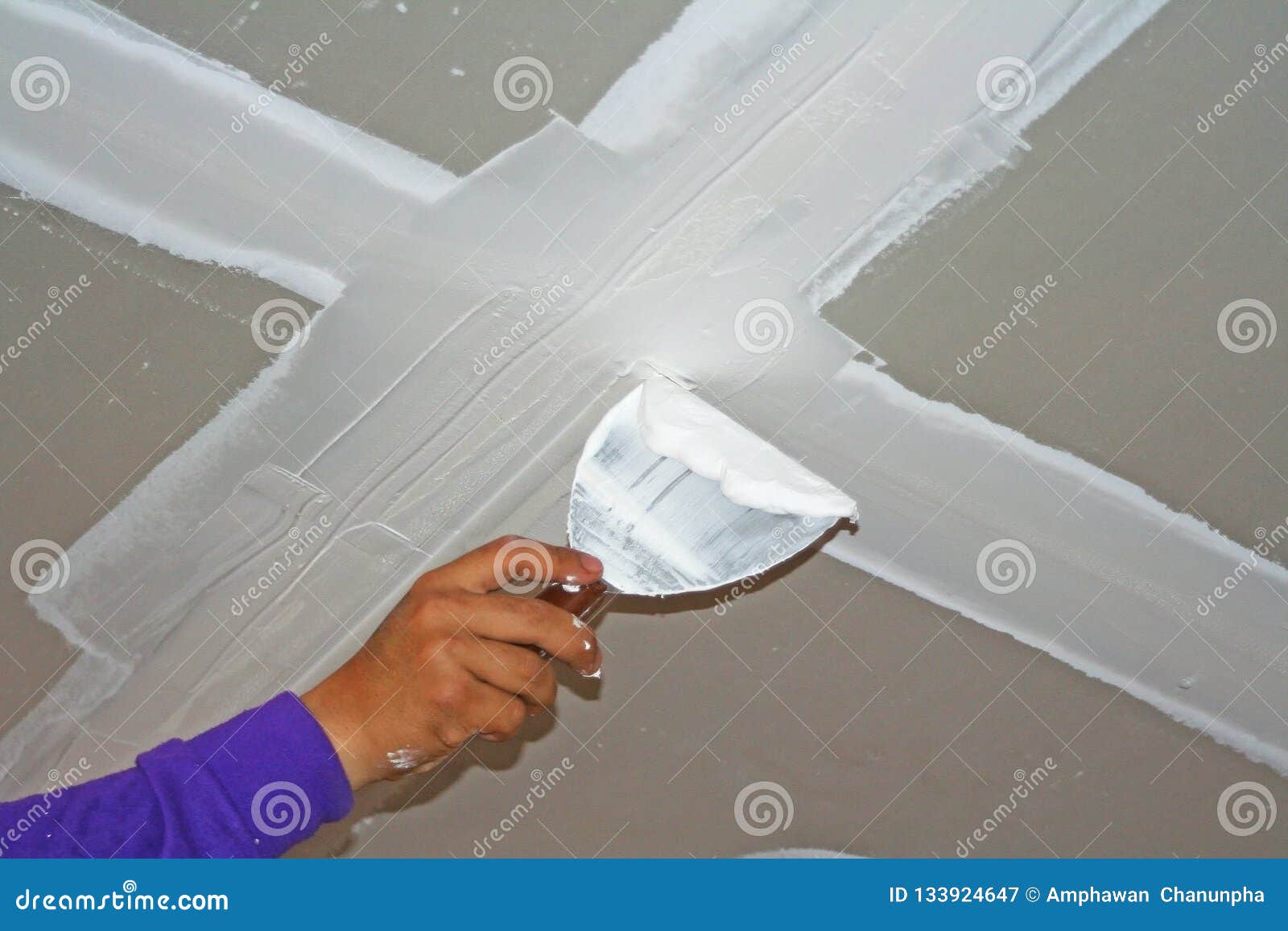 Worker Using Plaster Gypsum on Putty Knife at Ceiling Stock Image ...