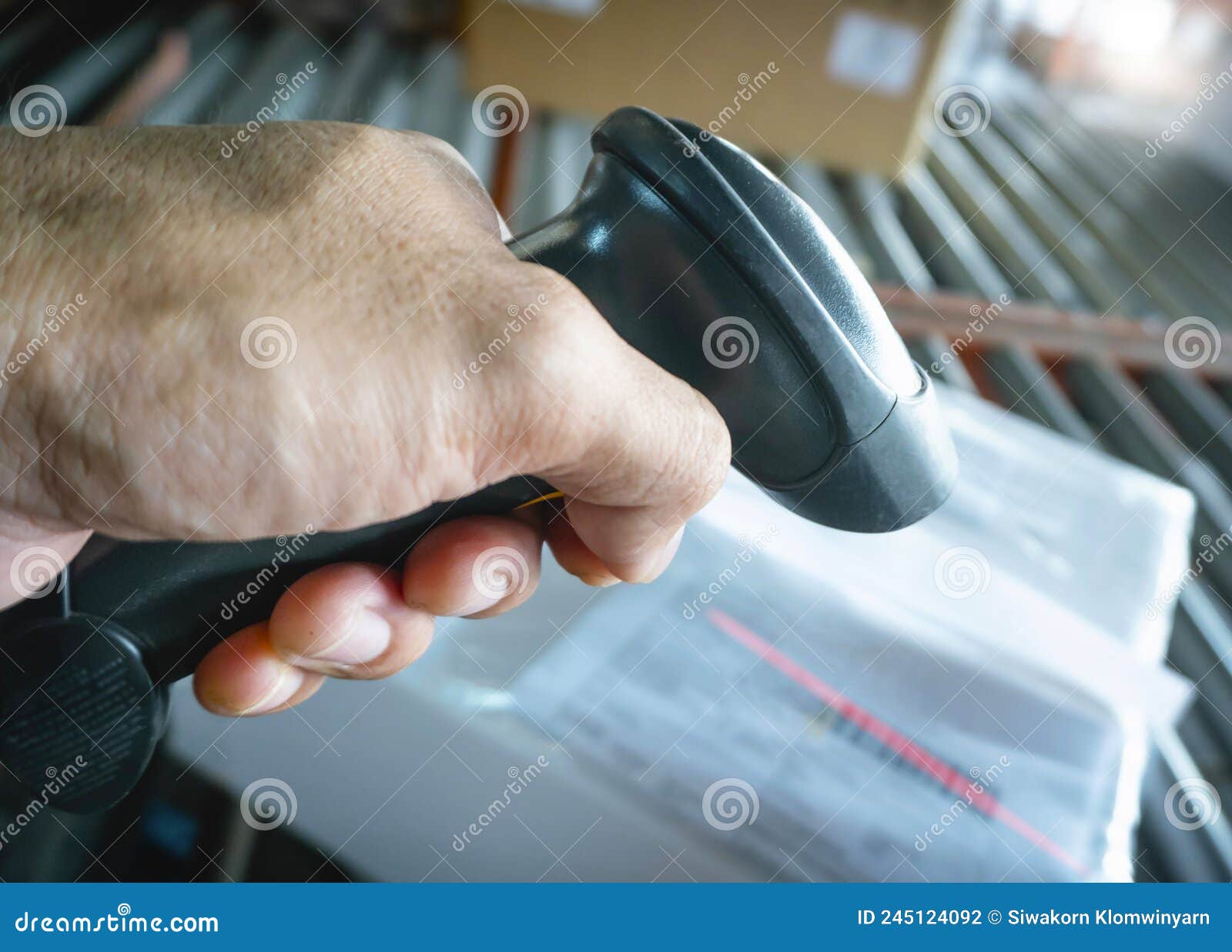 Close Up, Workers Scanning Bar Code Scanner on Packaging Boxes ...