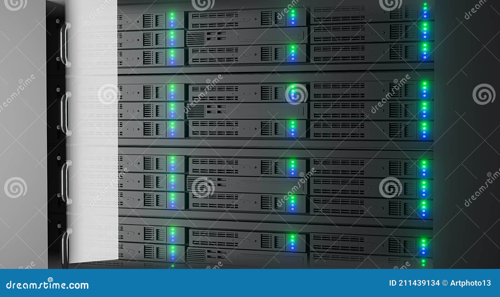 Close Up in Working Data Center Full of Rack Servers and Supercomputers ...