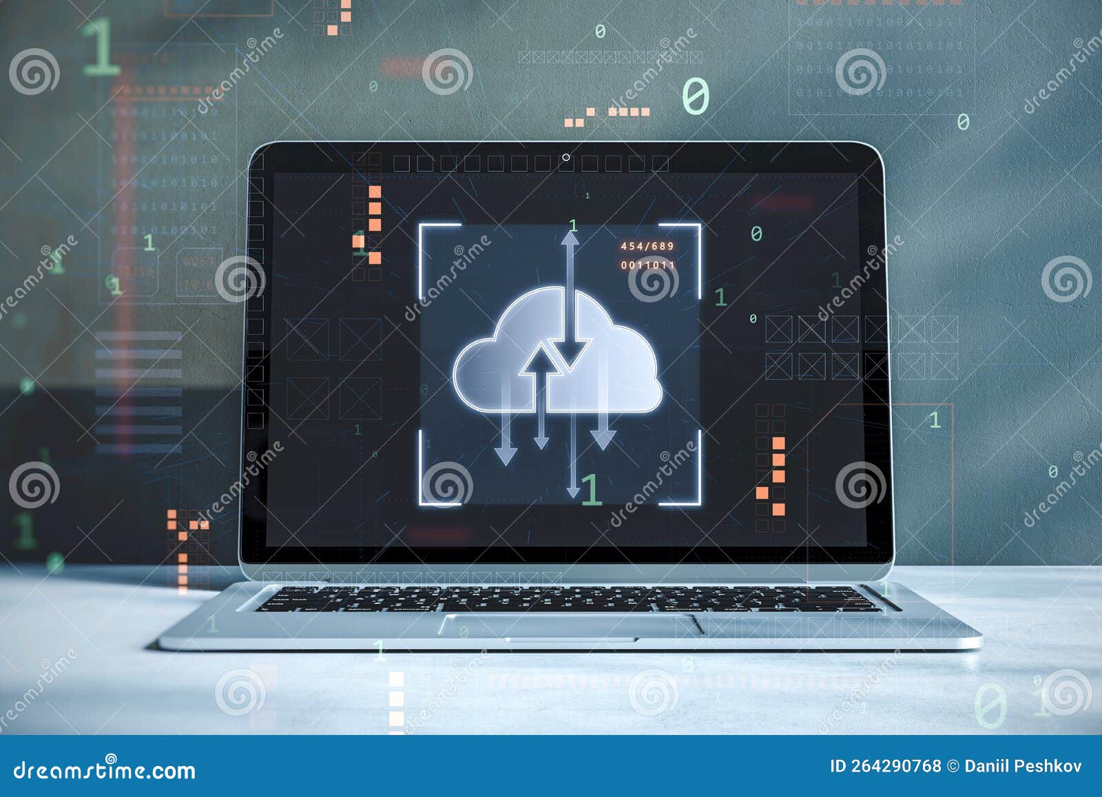 Close Up of Workplace Desktop with Laptop Computer and Digital Cloud ...