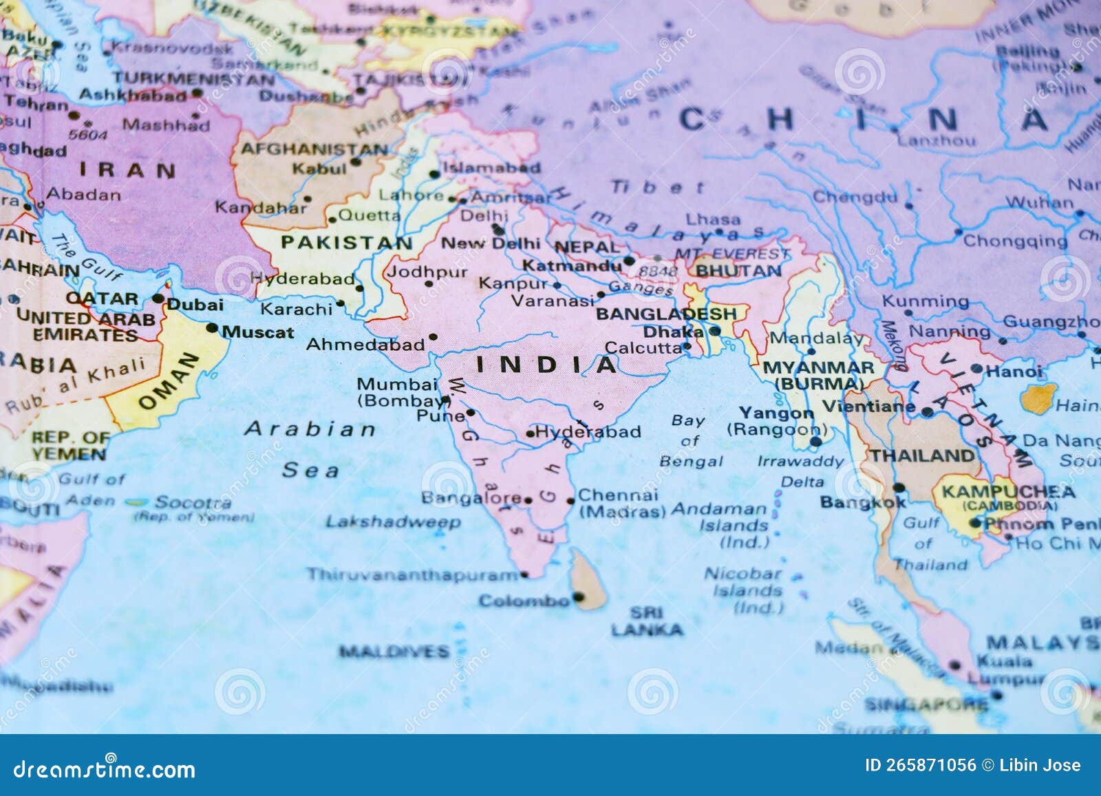 Close Up of a World Map with Asian Side, India Subcontinental in Focus ...
