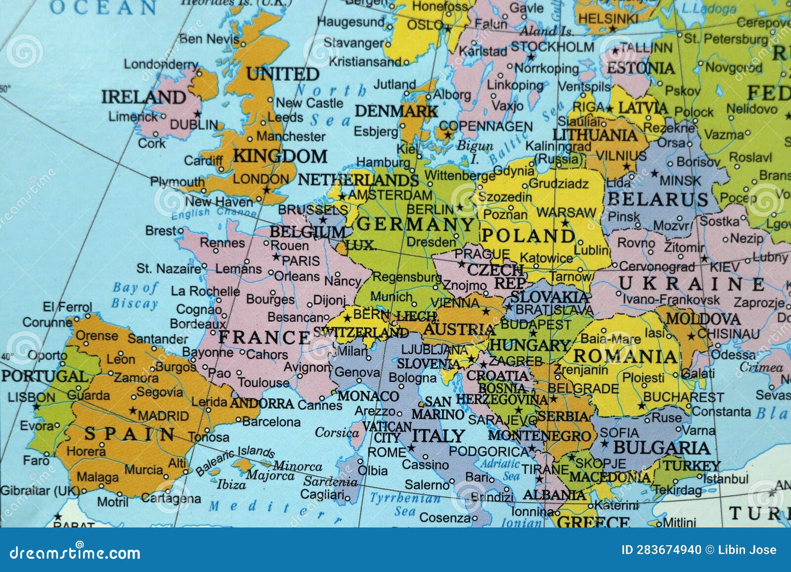 Close Up World Map with Europe Continent, Countries and Oceans Stock ...