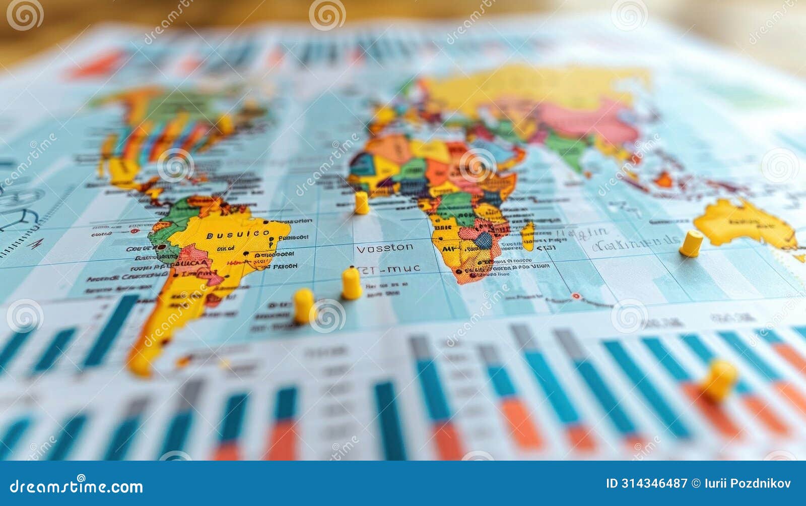 Close-up World Map with Pins, Blue Color, Graphics Stock Image - Image ...