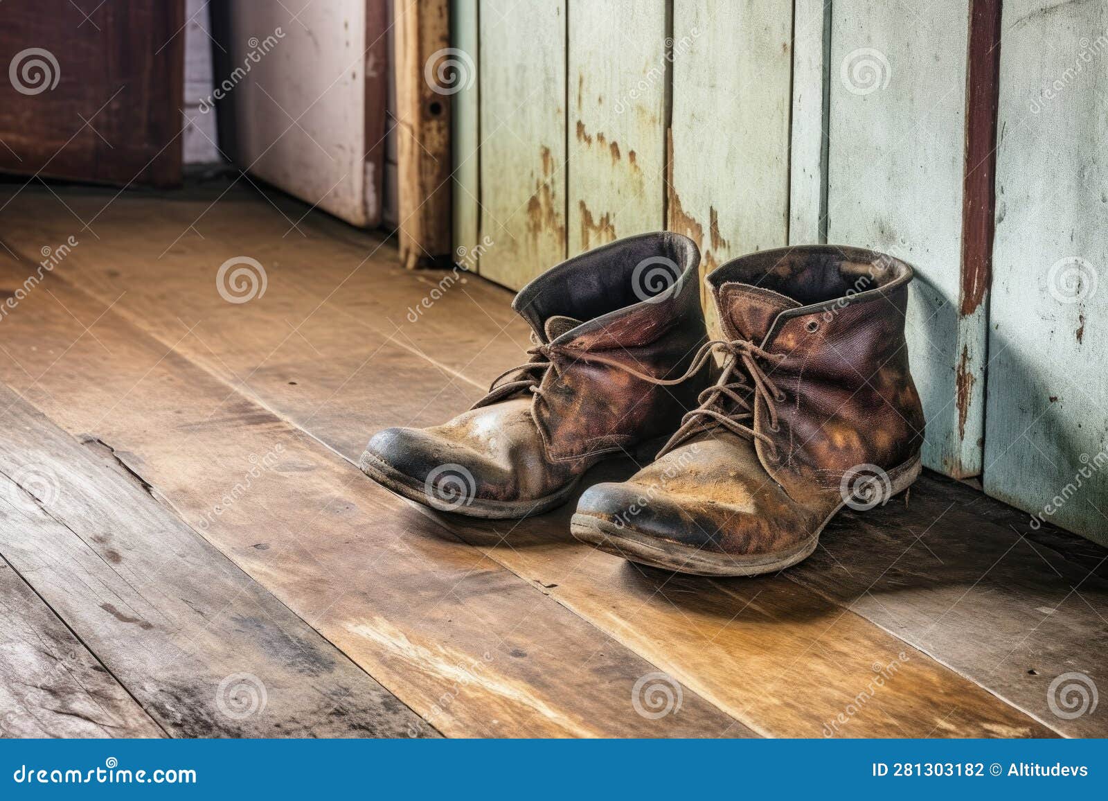 Close-up of Worn Leather Boots on Rustic Wooden Floor Stock ...