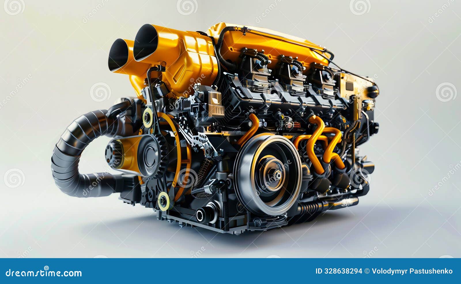 Yellow Engine For Car Assembly With Gearbox Rear View 3D Render On ...