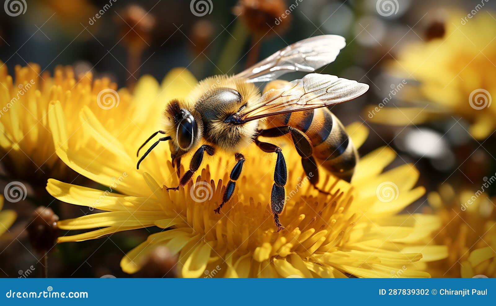 Close Up of a Yellow Honey Bee Pollinating Flower Stock Photo - Image ...