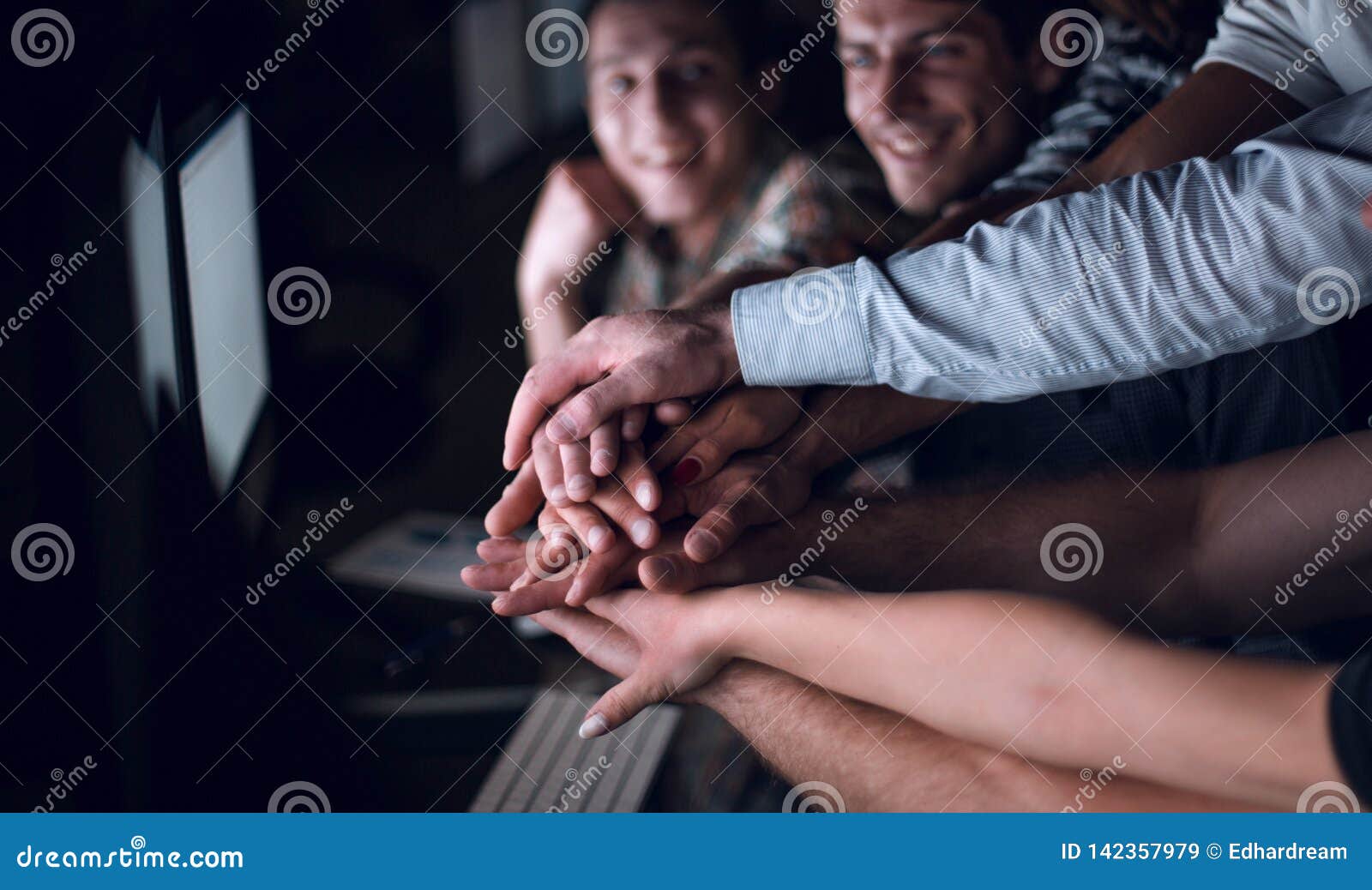 Close Up.young Active Office Workers Hold Their Hands Together Stock ...