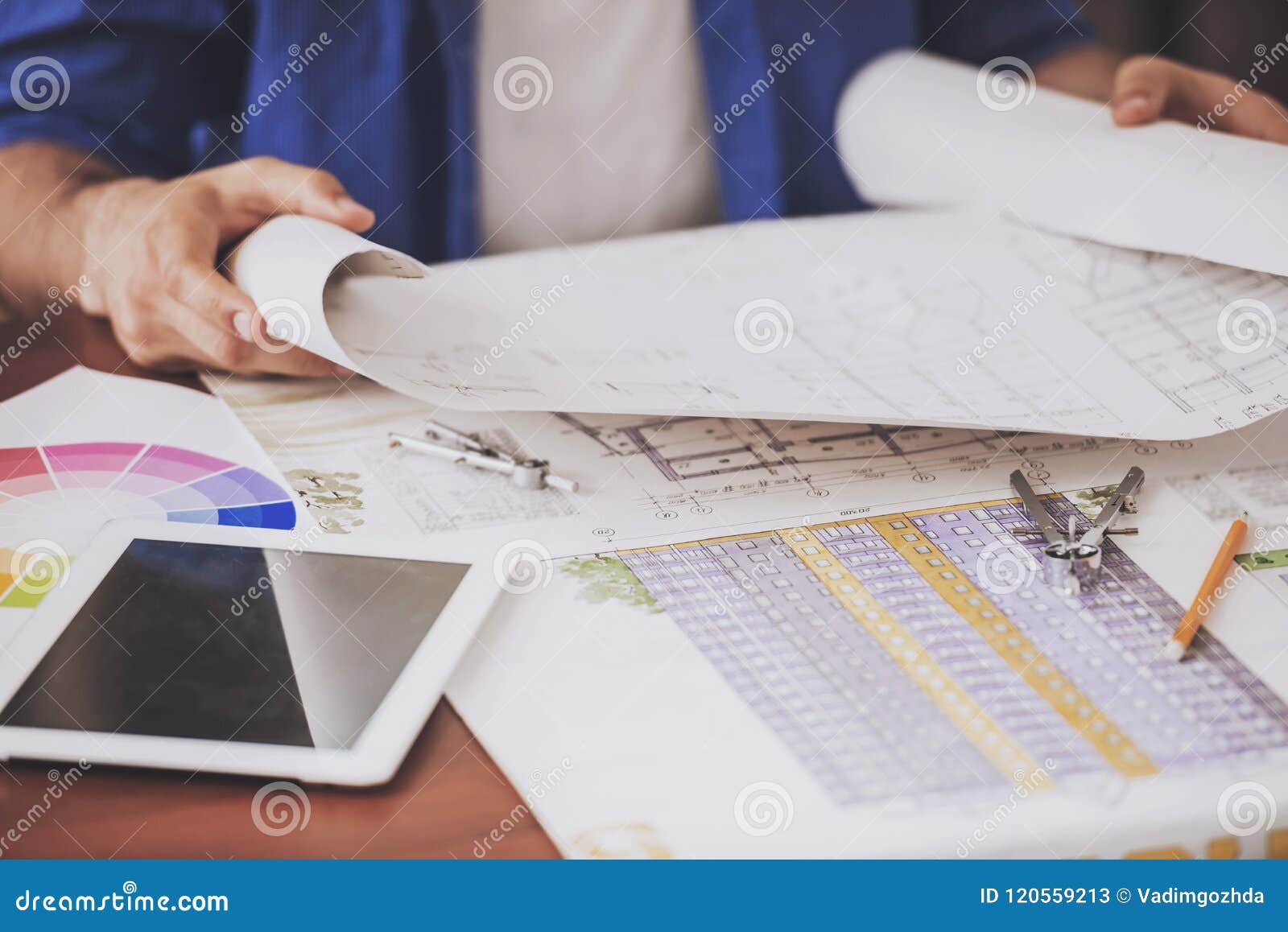 Close Up. Architect Works with Tablet and Drawing. Stock Image - Image ...