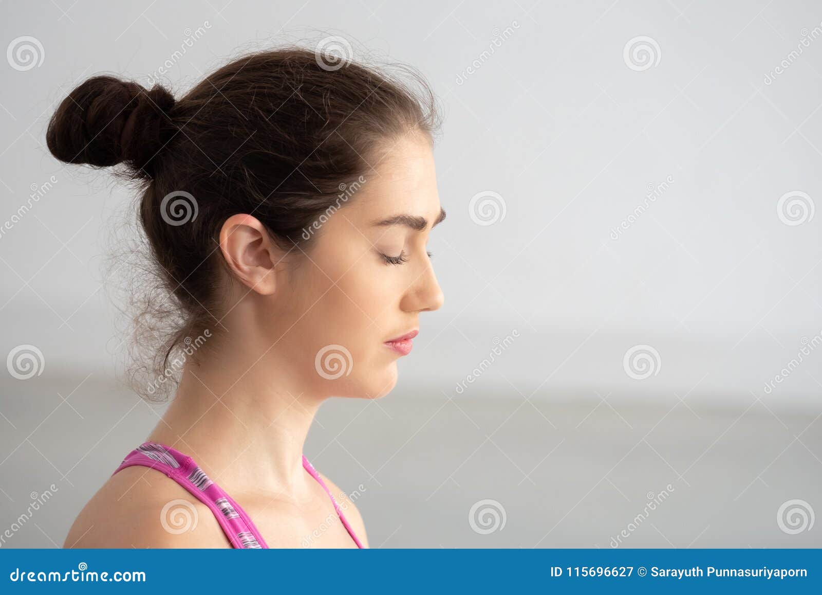 Close Up Of Young Attractive Caucasian Woman Closed Eyes Doing