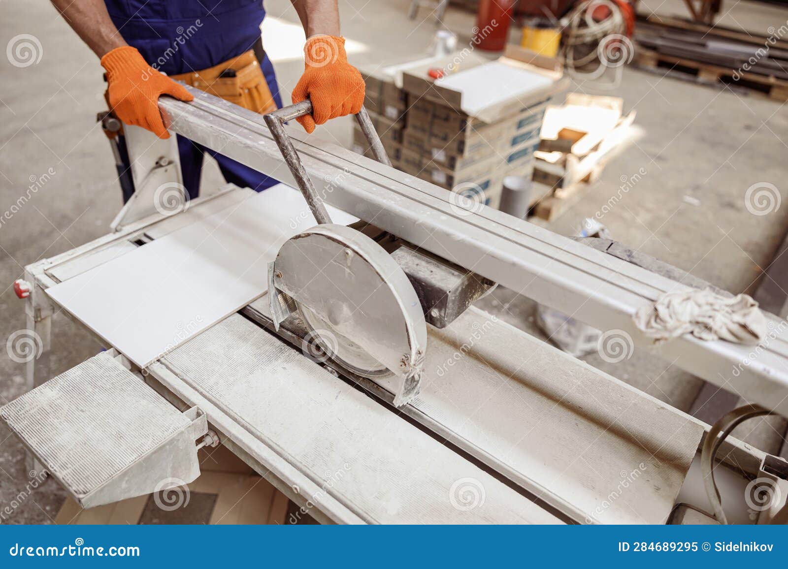 Male Worker Using Sawing Machine in Workshop Stock Image - Image of ...