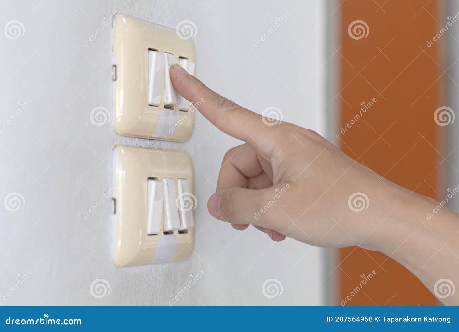 Close Up Young Man`s Hand Pressed the Button To Turn on the Light ...