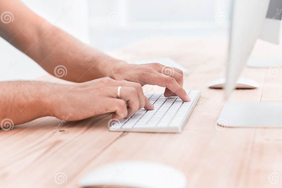 Close Up. Young Man Typing on Computer Keyboard Stock Photo - Image of ...