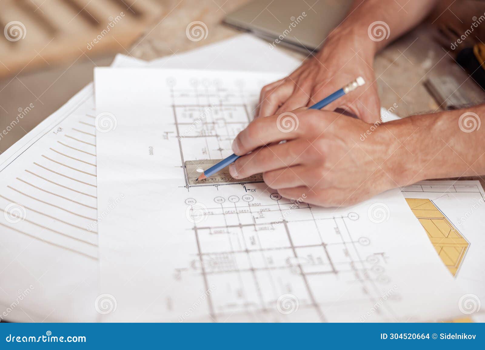 Male Architect Hands Drawing Architectural Building Plan Stock Photo ...