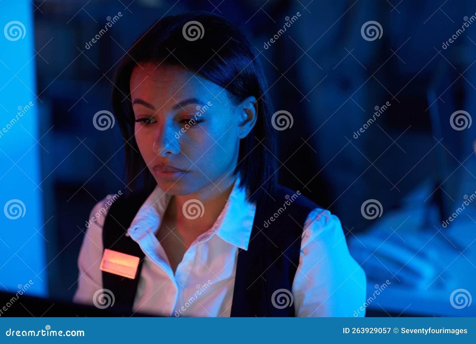 Young Woman Using Computer in Dark Office Stock Image - Image of cctv ...