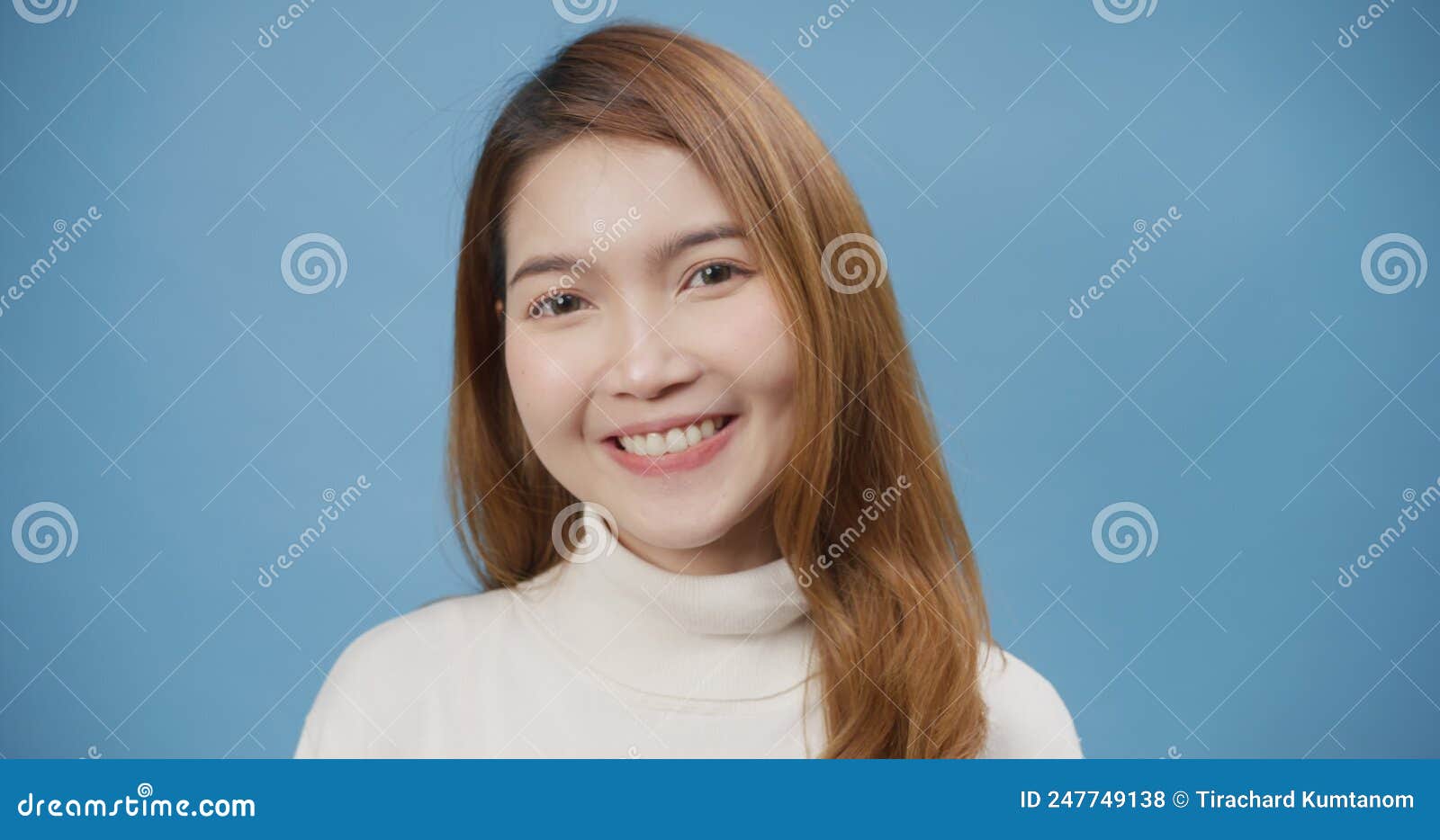 Close Up Youth Attractive Cheerful Asia Lady Smile Looking At Camera