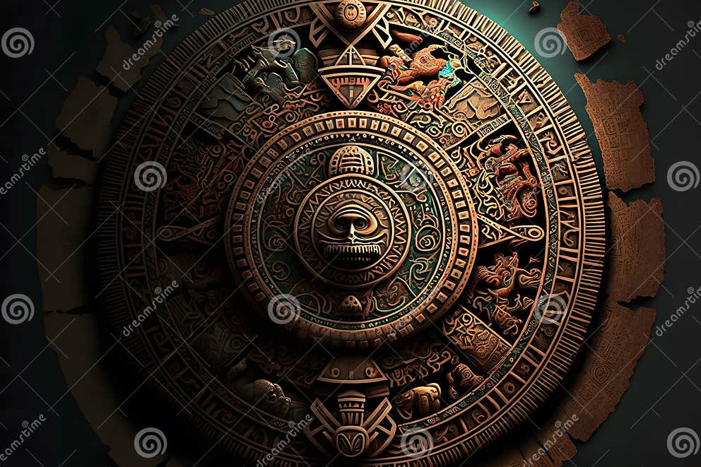 Close View of the Ancient Aztec Mayan Calendar with Round Pattern and ...