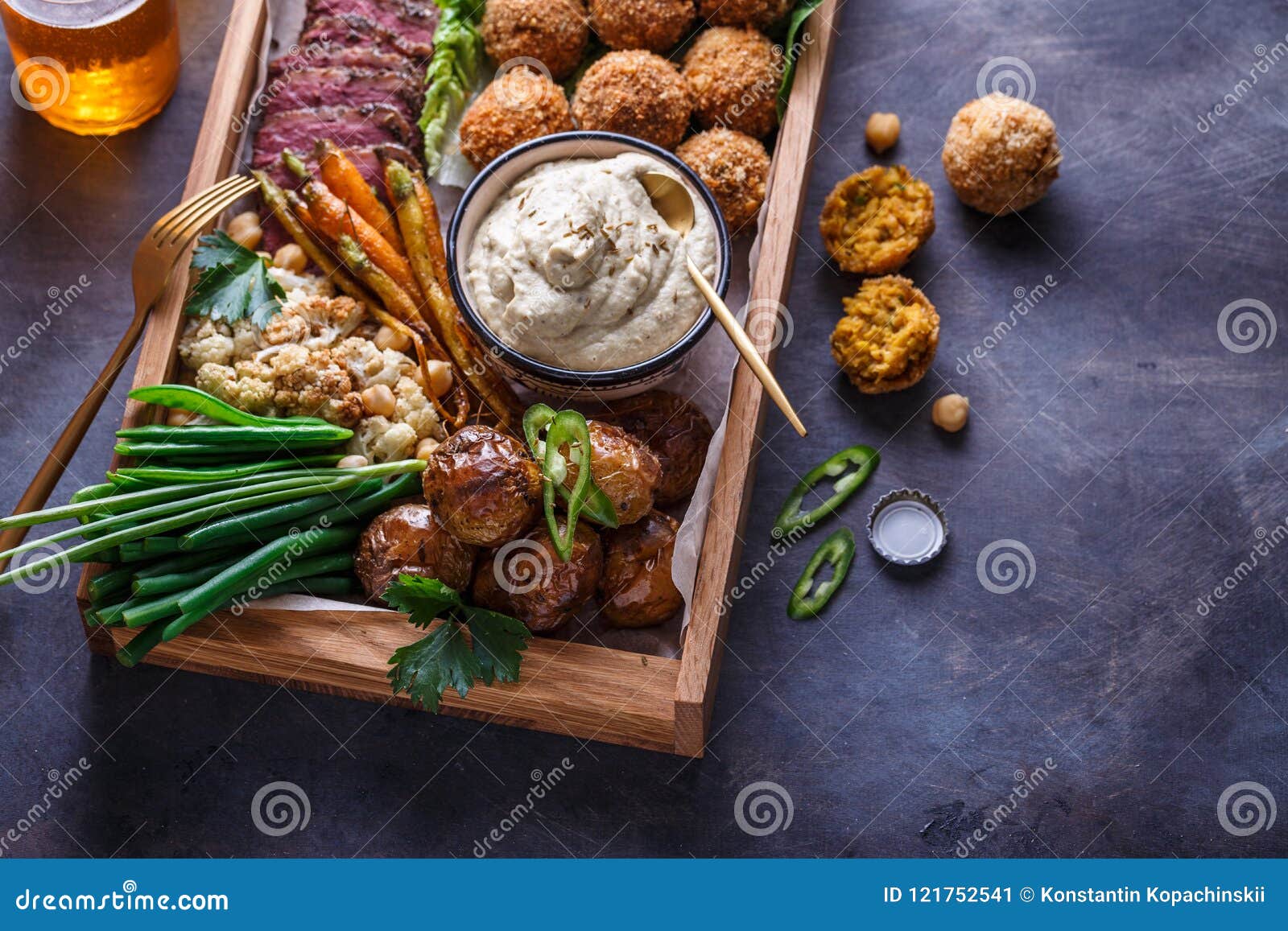 Close View of Assorted Meze Appetizers Beef, Falafel, Babaghanoush ...