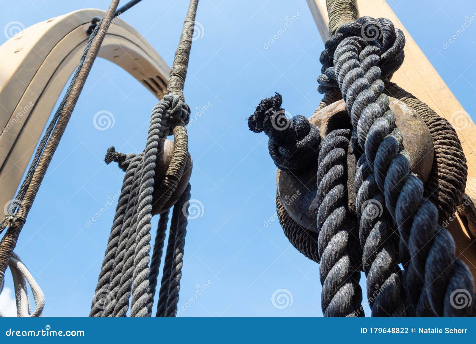 Close View of Block and Tackle, Rope Rigging on an Old Ship Stock Photo ...