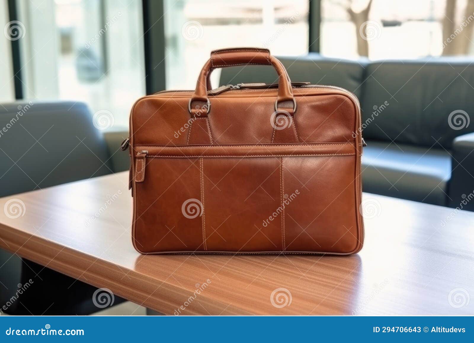Close View of a Brown Leather Briefcase on a Table Stock Image - Image ...