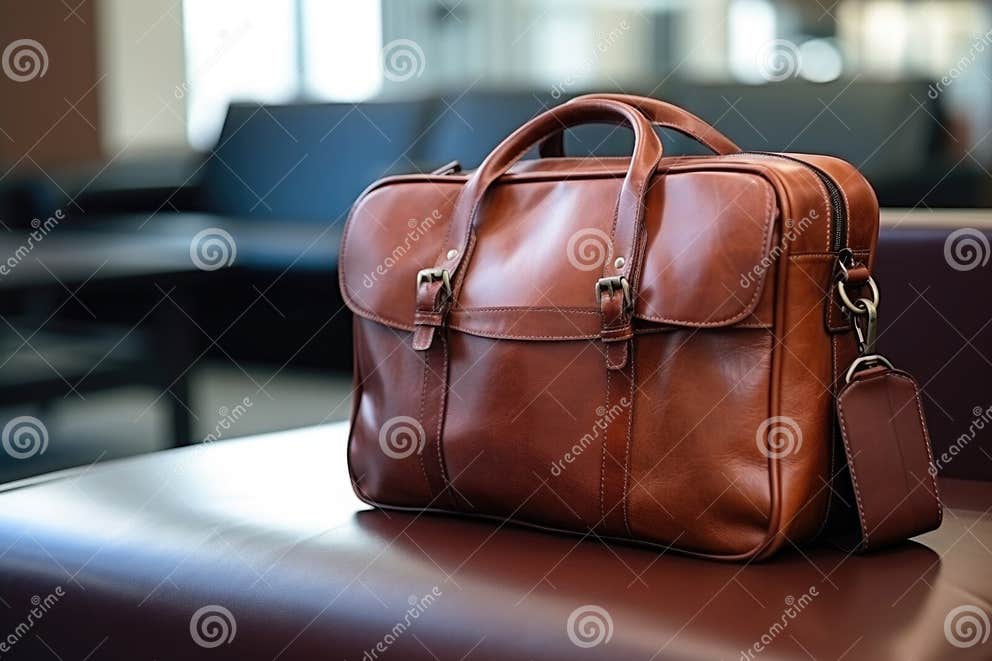 Close View of a Brown Leather Briefcase on a Table Stock Image - Image ...