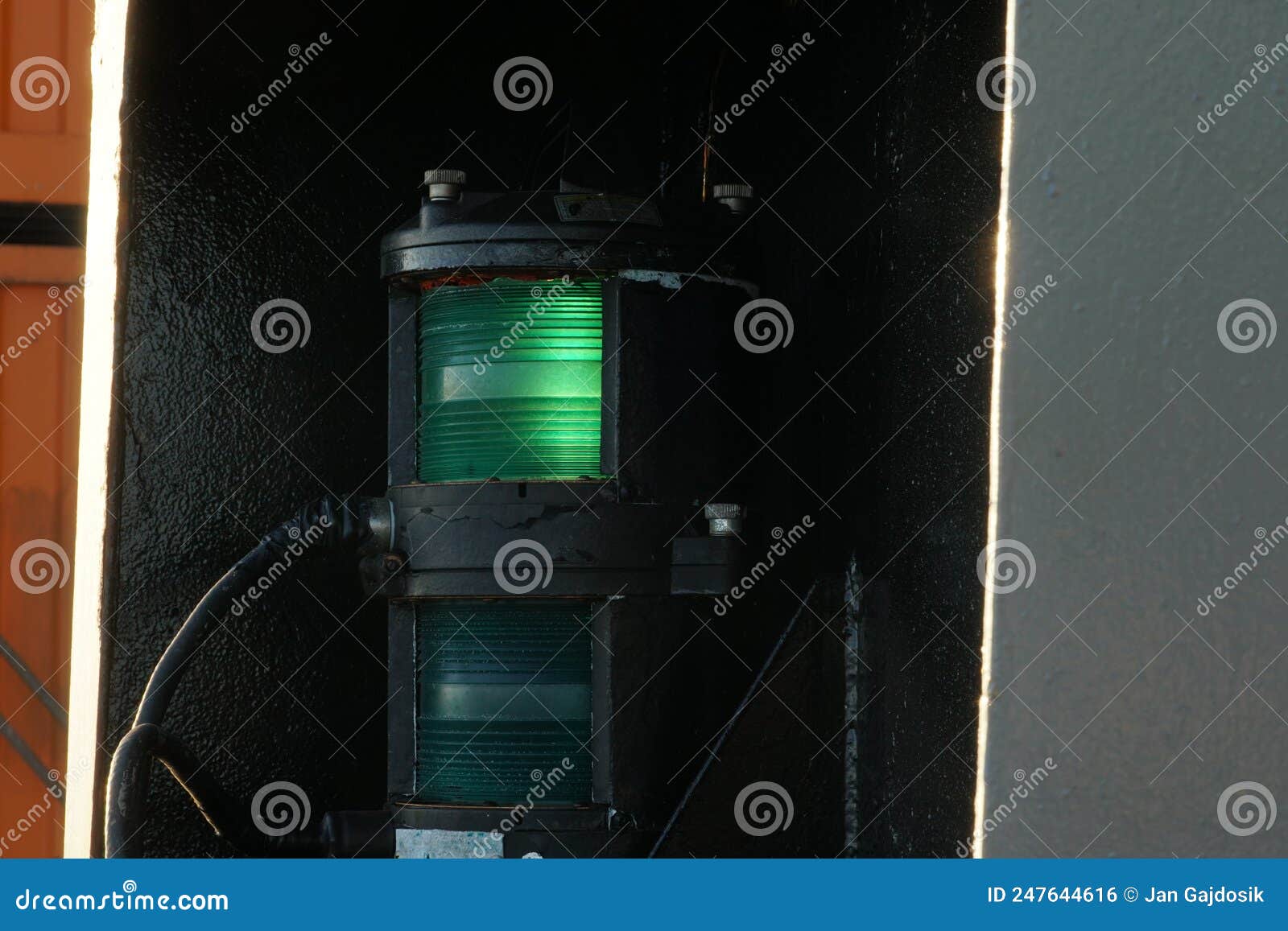 Close View on Green Starboard Side Navigational Lights of the Container ...