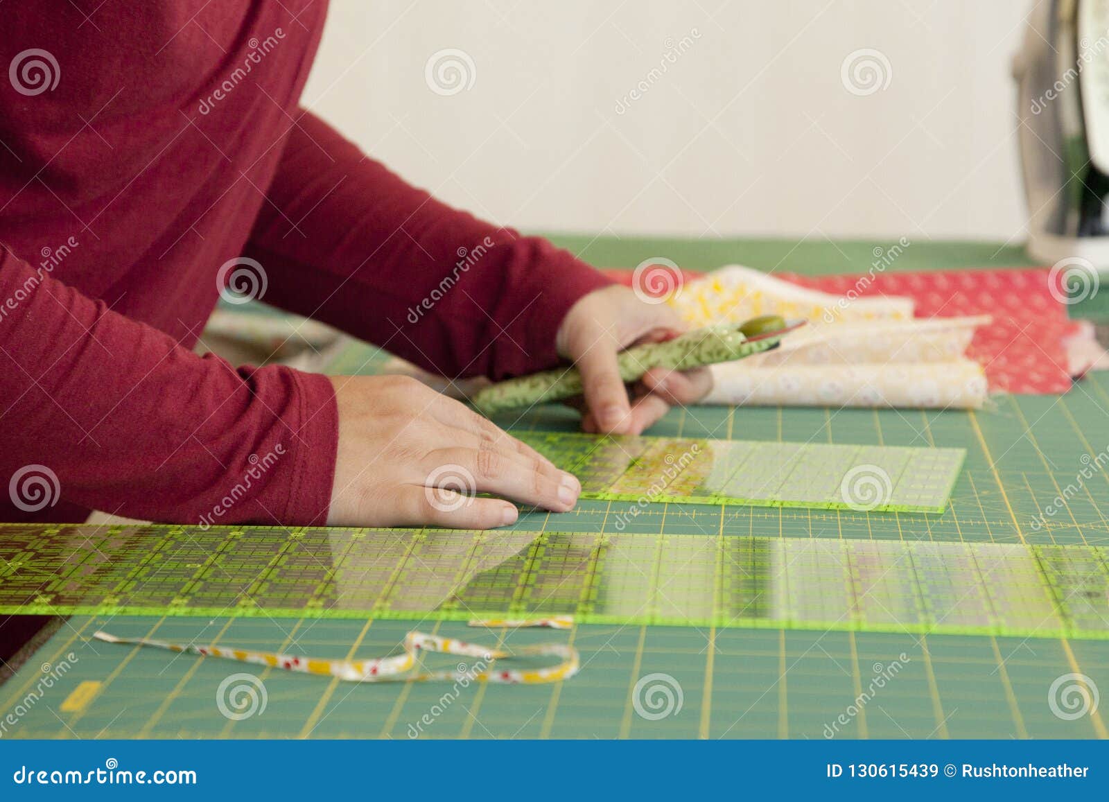 Close View Hands Working on a Fabric Grid Stock Image - Image of ...
