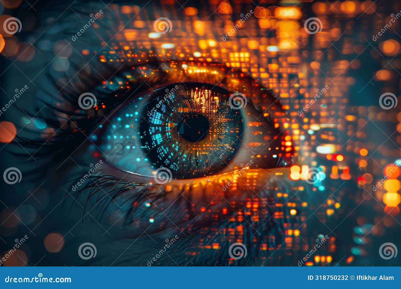 A Close View of a Human Eye with Vibrant Colored Lights in the Backdrop ...